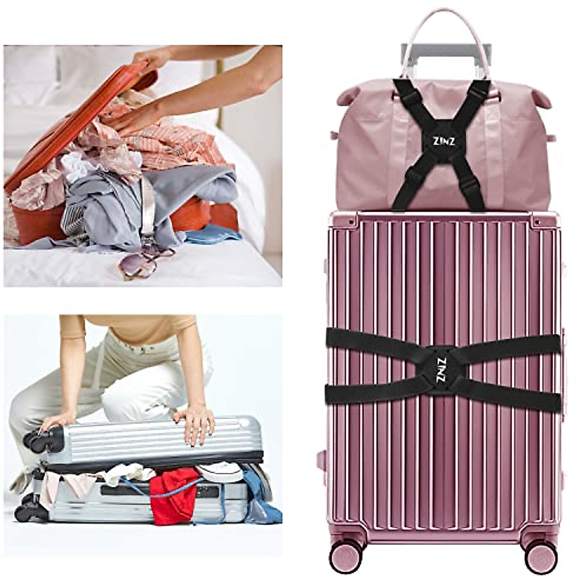 Luggage Strap, ZINZ High Elastic Suitcase Adjustable Belt Bag Bungees with Buckles and More Applications (Black-001)