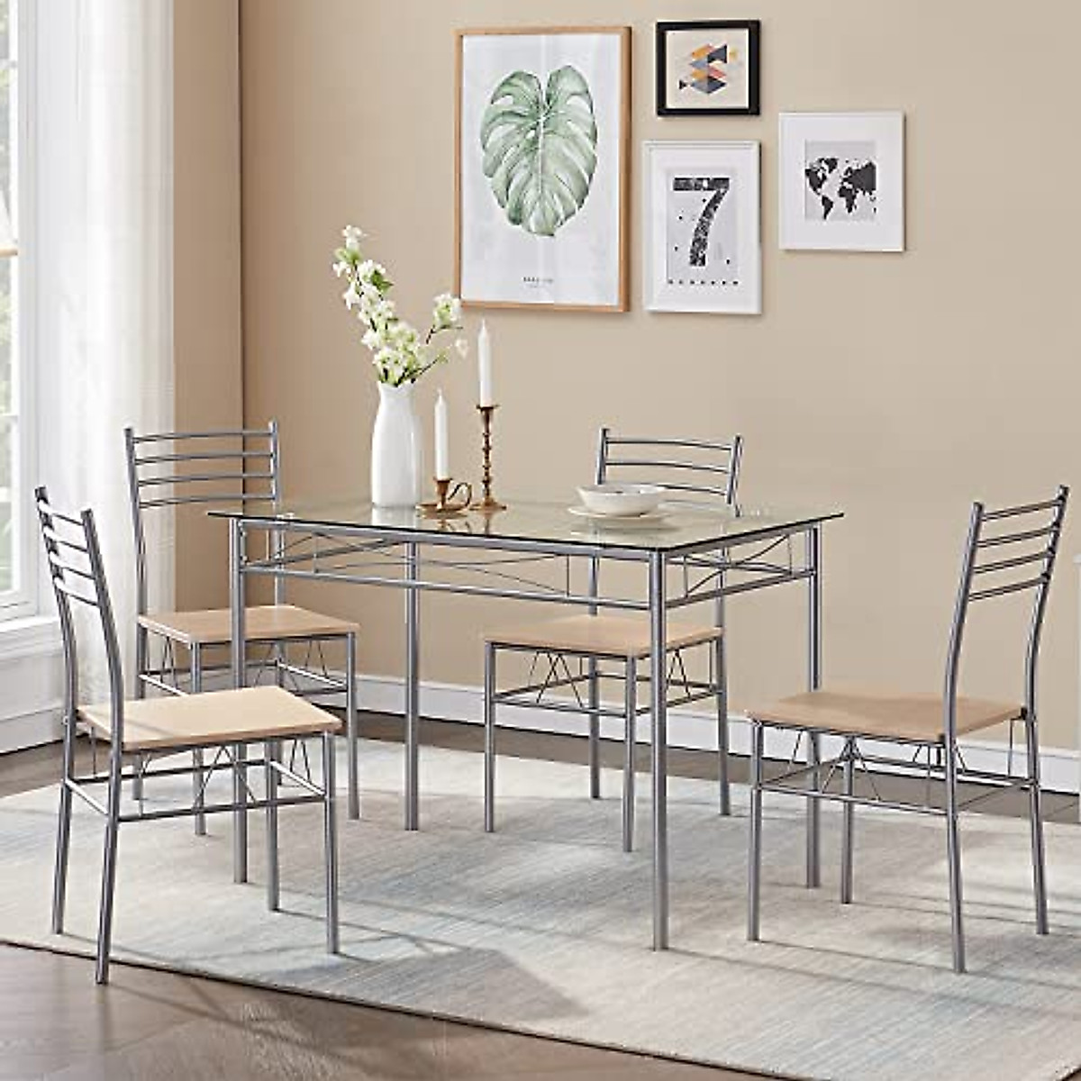 VECELO Kitchen Dining Table Sets for 4, 5 Piece Small Dinette with Chairs, Burnished Silver