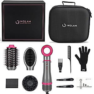 IG INGLAM 4 in 1 Blowout Brush, Negative Ion Detachable Hair Dryer & Styler Volumizer Hot Air Brush with 2 Styling Brush Heads, Silver