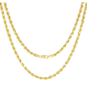 Nuragold 14k Yellow Gold 4mm Rope Chain Diamond Cut Necklace, Mens Womens Jewelry 16" 18" 20" 22" 24" 26" 28" 30"