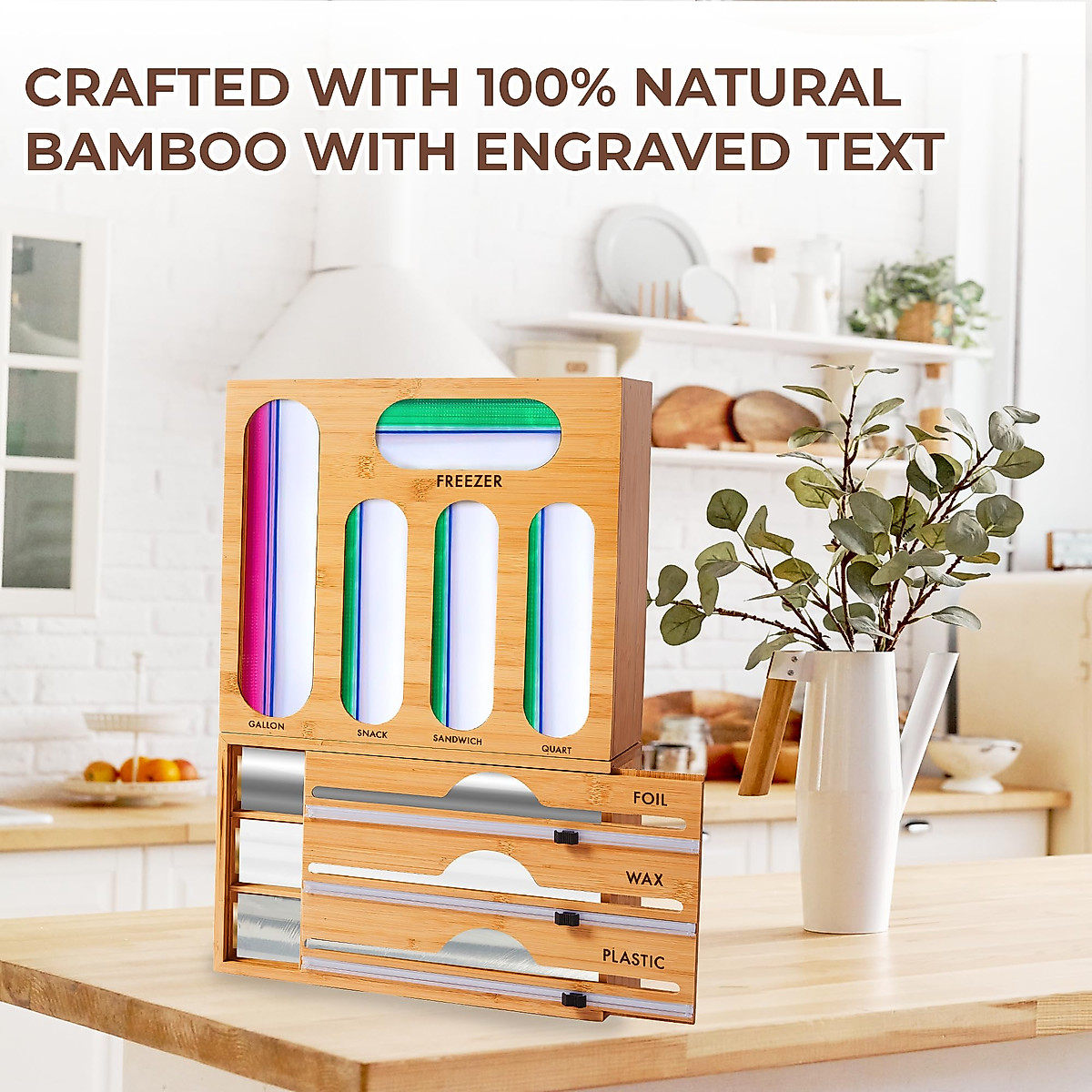 PANDAWOOD 8 IN 1 Storage Bag Organizer for Kitchen Drawer - Bamboo Plastic Bag Organizer - Foil Plastic Wrap Organizer Dispenser with Cutter - Baggie Organizer for Drawer - Sandwich Bag Organizer
