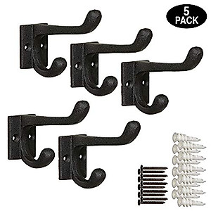 Claimed Corner Cast Iron Coat Hooks - Wall Mounted Rustic Farmhouse Matte Black Cast Iron DIY Coat Towel Hat Scarf Bags Hook 5-Pack