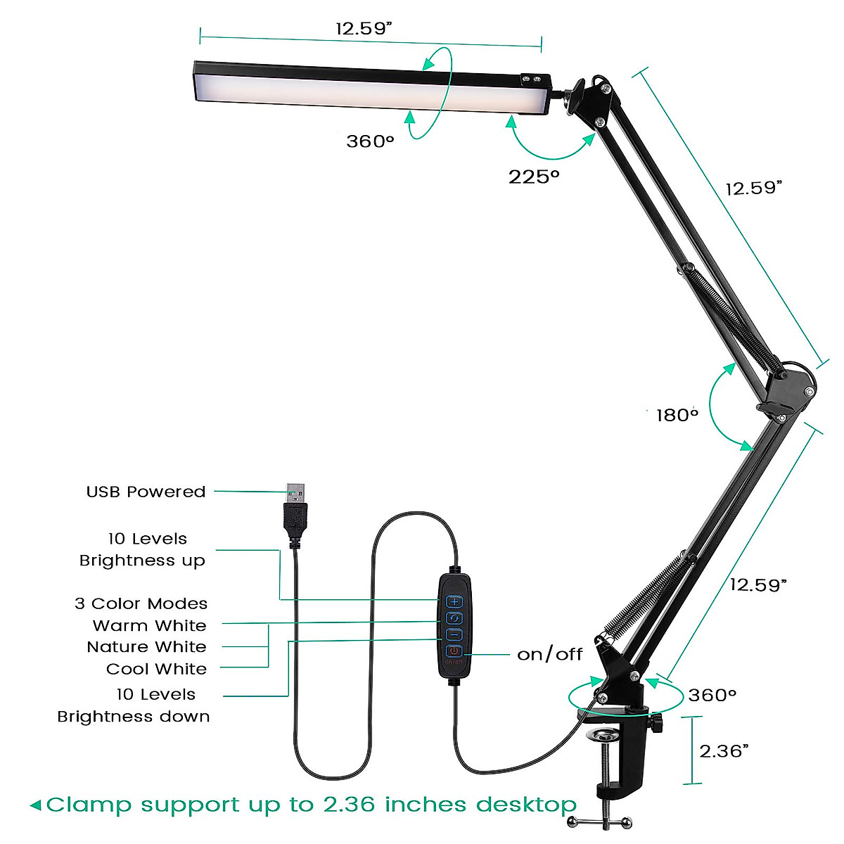 LED Bar Clamp Swing Arm Desk Lamp for Architect Drafting and Computer Light