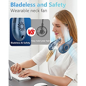 Neck Fan with Mist Spray,Personal Bladeless Folding Neck Fans that Blow Cold Air,Portable Neck Fan Rechargeable Battery Operated Quiet Headphones Device,Wearable Necklace Fan for Women Men Kids Blue