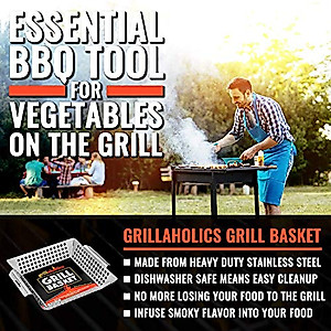 Grillaholics Heavy Duty Grill Basket - Large Grilling Basket for More Vegetables - Stainless Steel Grilling Accessories Built to Last - Perfect Vegetable Grill Basket for All Grills and Veggies