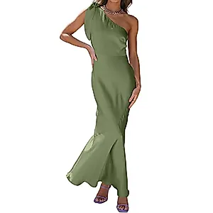 PRETTYGARDEN Women's 2023 Summer One Shoulder Knot Wedding Guest Maxi Bodycon Dress Split Mermaid Long Party Dresses (Army Green, Large)