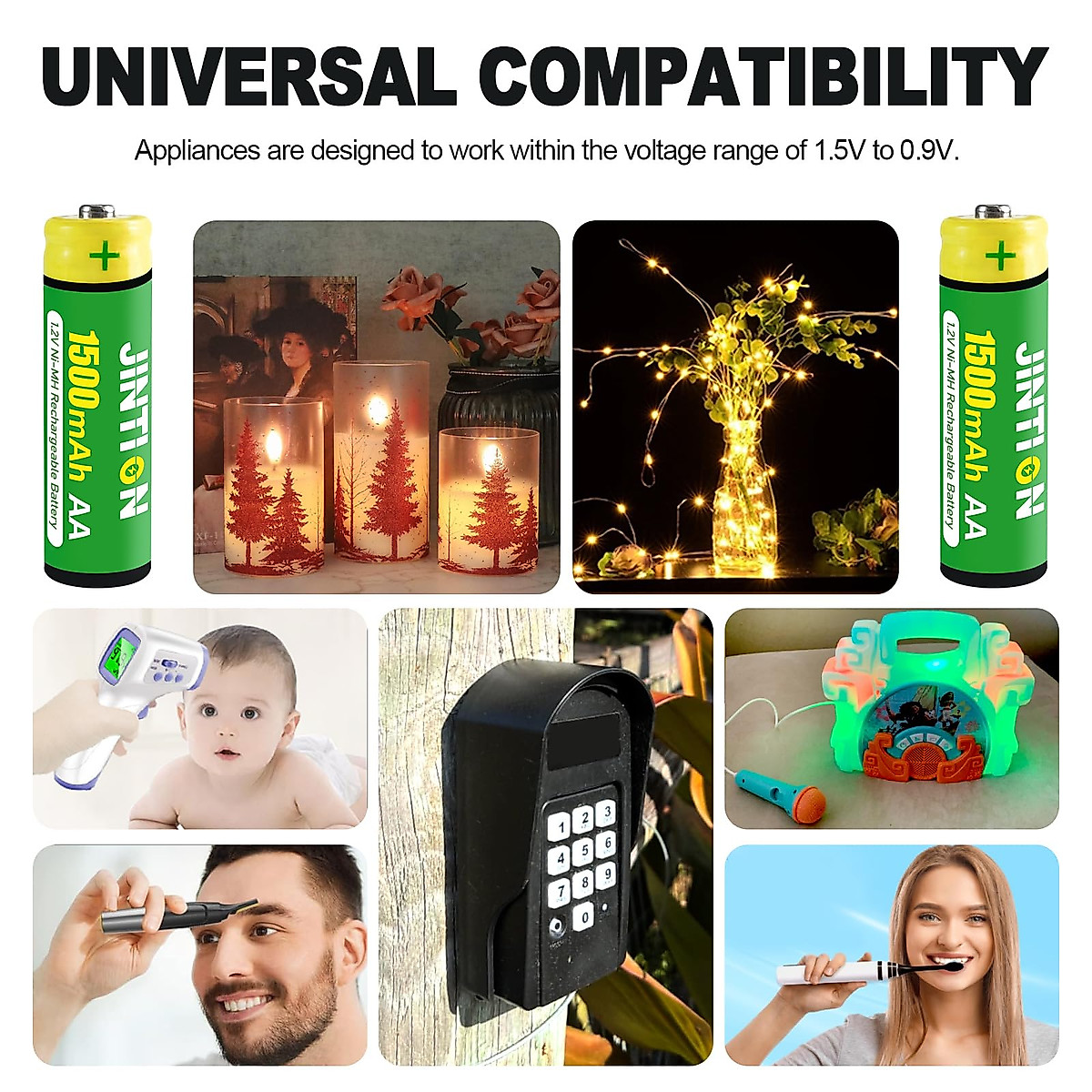 JINTION AA Rechargeable Batteries, Double A Ni-MH High Capacity 1.2V 1500mAh Pre-Charged AA Solar Battery for Solar Lights String Lights Remotes Toys, 4 Pack