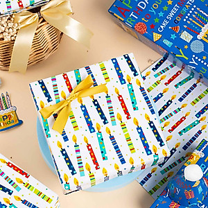 Homeral Reversible Birthday Wrapping Paper Roll- Mini Roll- 46.8sq.ft(17in x 33ft) Blue Colorful Birthday Design for Birthday, Baby Shower, Party