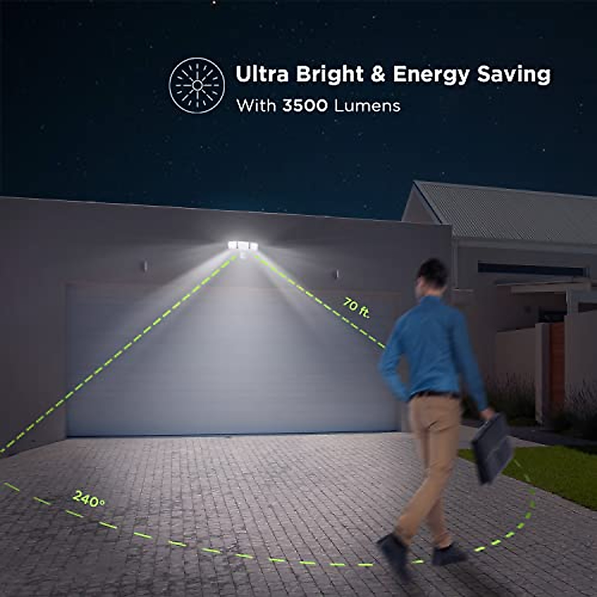 Home Zone Security Smart SMD LED Outdoor Flood Light, 3500LM, 3000-5000K Adjustable Color Temperature, Long & Wide 70’ x 240° Motion Sensor Detection, WiFi, Works w/Alexa & Google, Aluminum Heads