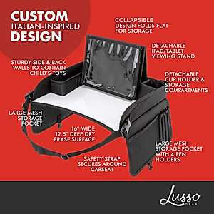 Lusso Gear Kids Travel Tray (Blue) + Heavy Duty Car Seat Organizer (Black), Extra Large for Protection, Sag Proof &amp; Reinforced Corners, Protects iPad &amp; Backseat, 12 Versatile Car Seat Organizer Storag