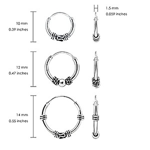 Hoops & Loops 925 Sterling Silver 10mm,12mm, 14mm Balinese Beaded Rope Lightweight Endless Hoop Earrings for Teen Girls Women Men, 3 Pairs Silver