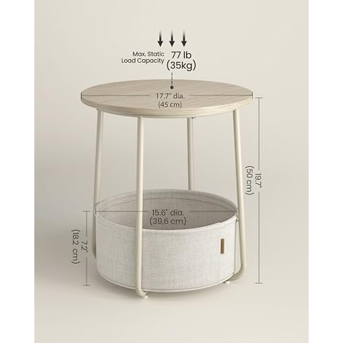 VASAGLE End Table, Small Bedside Table with Fabric Basket, Modern Nightstand, Round Side Table, for Living Room, Bedroom, Cream White ULET223K67