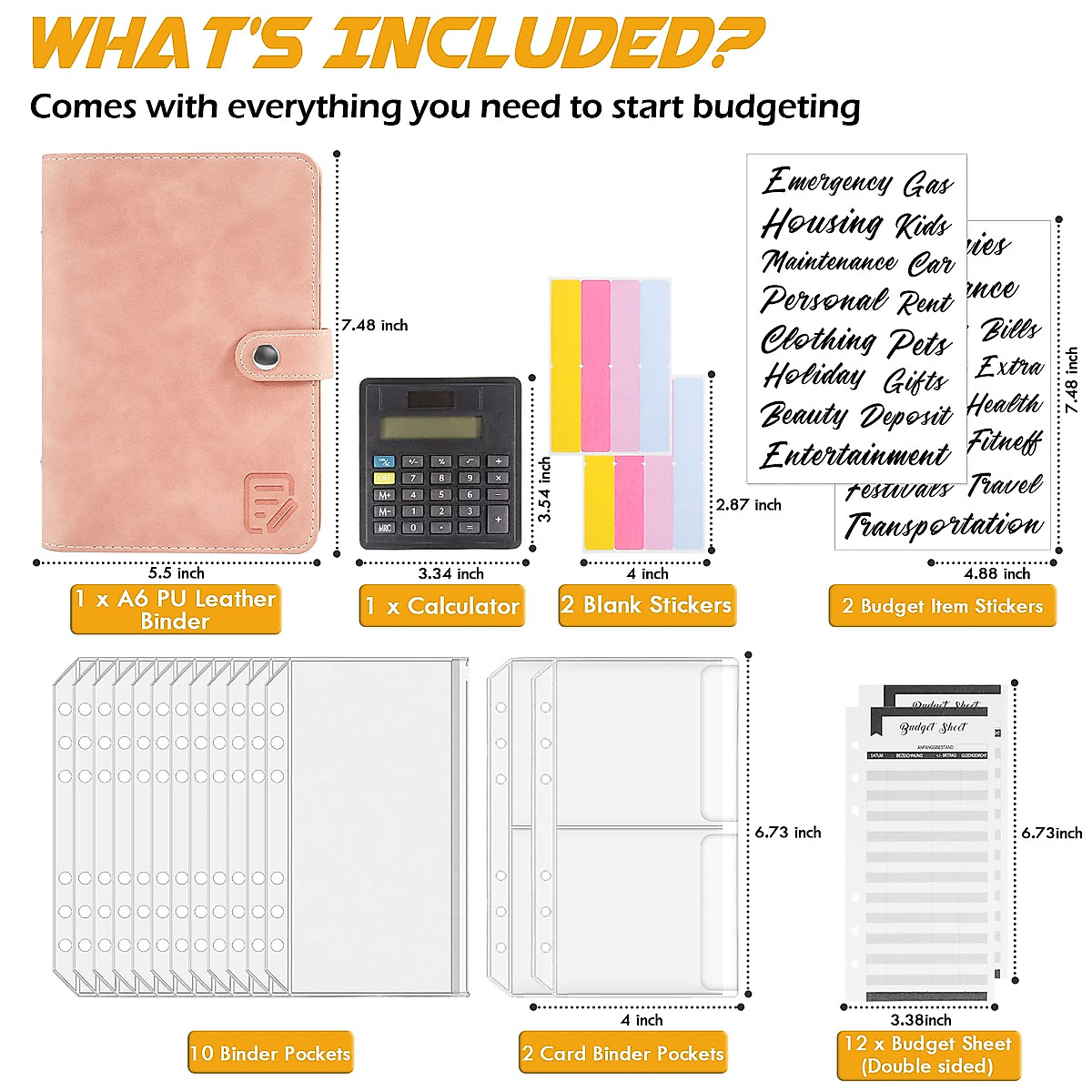 HAKPNEW Budget Binder with Zipper Envelopes, A6 Budget Wallet with Calculator, Cash Envelopes for Budgeting and Budget Sheets, Money Saving Binder for Budget Planner Office Home School Pink