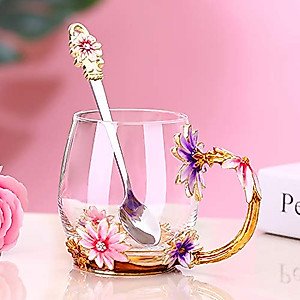 Evecase daisy Flower Glass Mugs Tea Cup with Steel Spoon,Tea Lovers Gifts for Women,Wife,Mom,Female,Friends,Birthday,Mothers Day, valentines day,Christmas