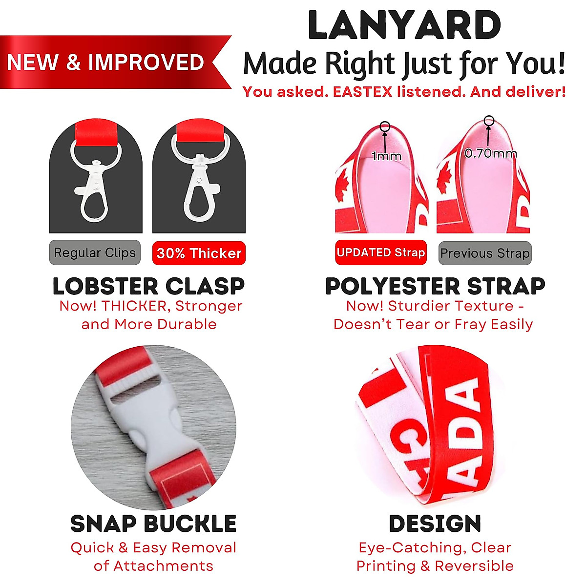 EASTEX Canada Flag Lanyard Keychain - Canadian Flag Lanyards for Keys Badges ID Fob Passport - Red and White Reversible ID Card Holder Keychain for Women Men Gift Souvenir (1 Canada Lanyard)