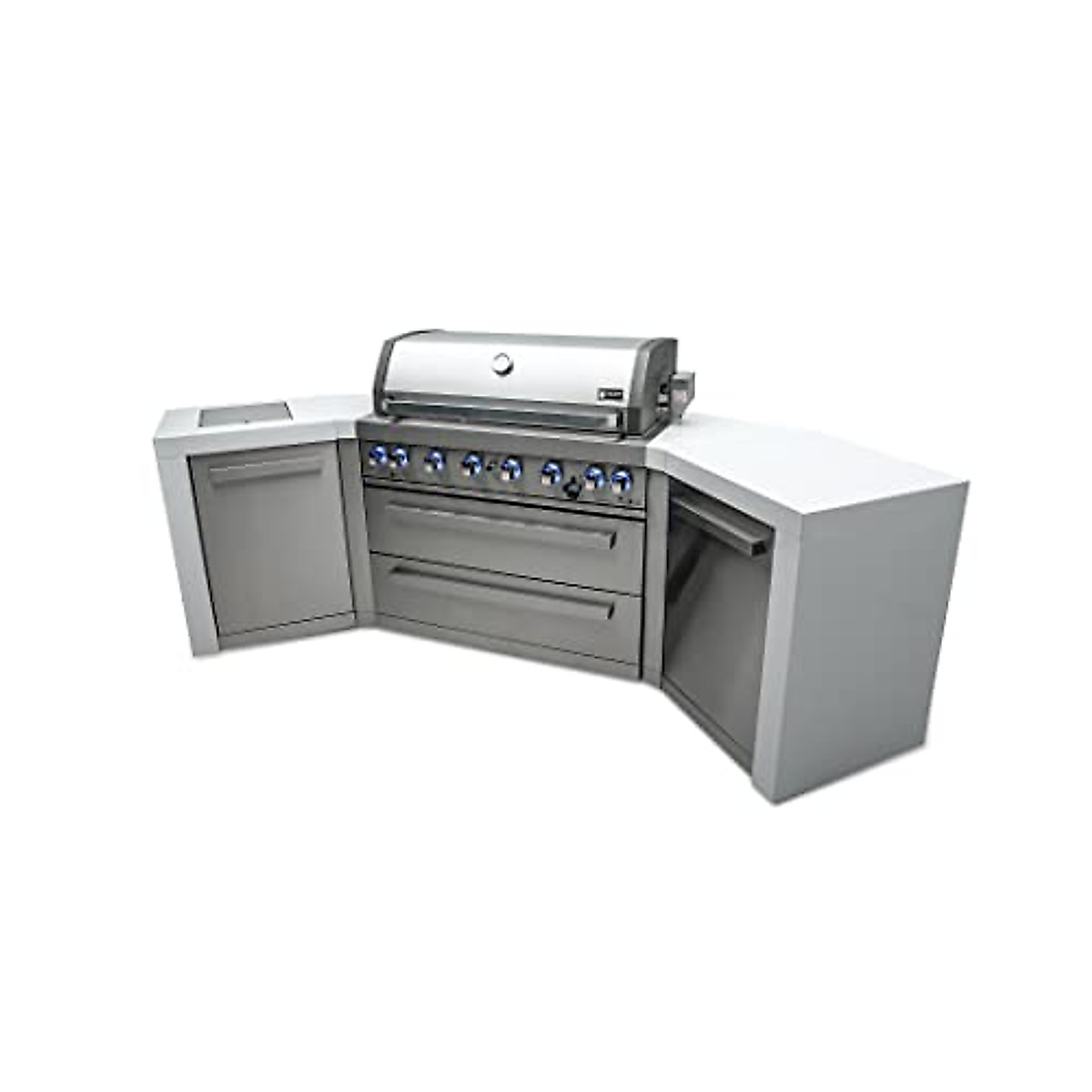 Mont Alpi 44-Inch MAi805-D45 Deluxe 45 Degree 6-Burner 115000 BTU Deluxe Stainless Steel Island Outdoor Kitchen Gas Barbecue Grill w/Granite Countertops & Sides + Storage Drawers & Cabinets