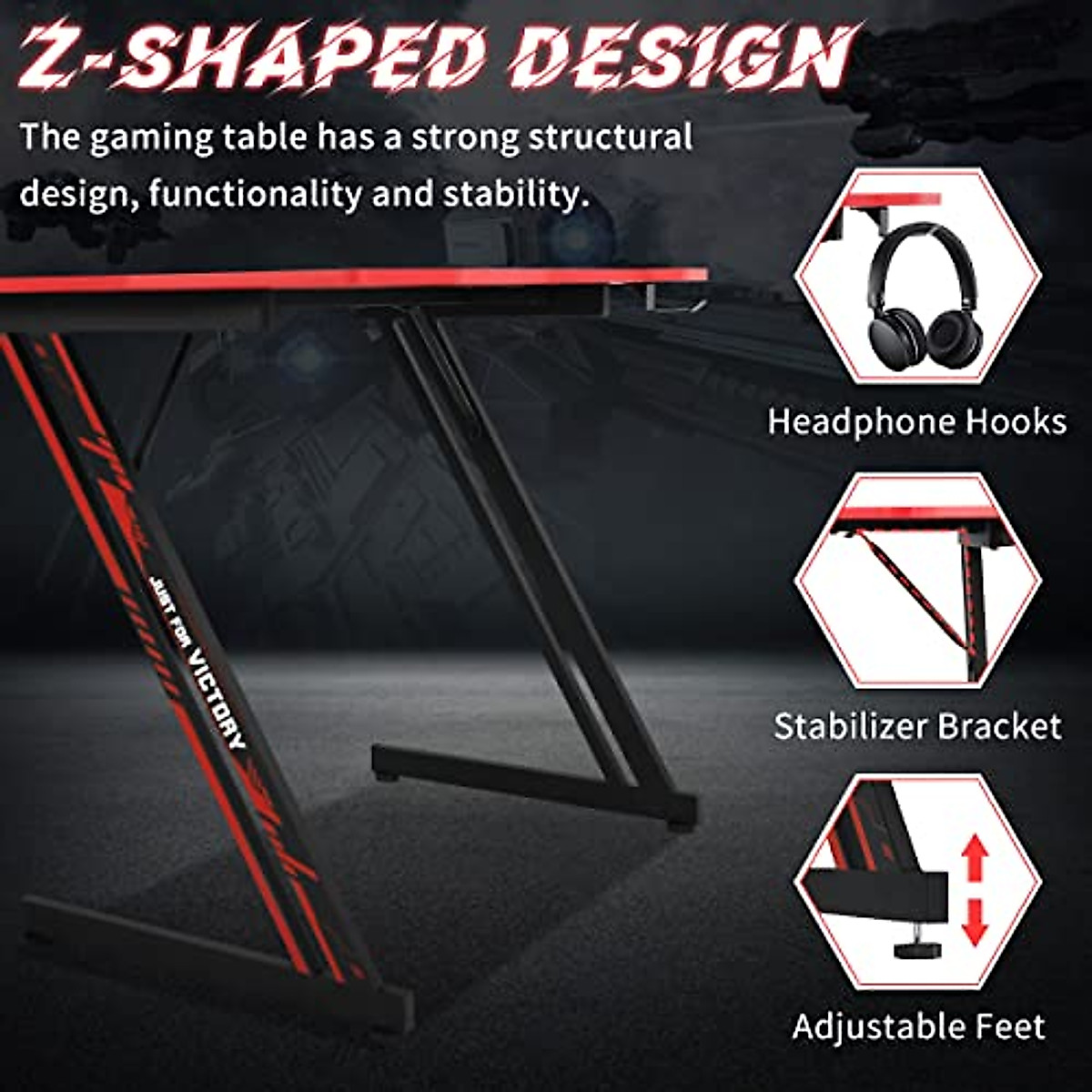 BLKMTY 47" Gaming Desk Z Shaped Gaming Desk Large Home Office Desks PC Computer Desk Workstation Study Desk Table Ergonomic Gamer Desk Wood Writing Desk with Headphone Hook for Game Player, Red