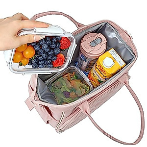 FINDCOZY Insulated Lunch Bag for Women, Cute Lunch Box, Reusable Cooler Bag with Removable Shoulder Strap and Side pockets for Work or Picnic, Pink