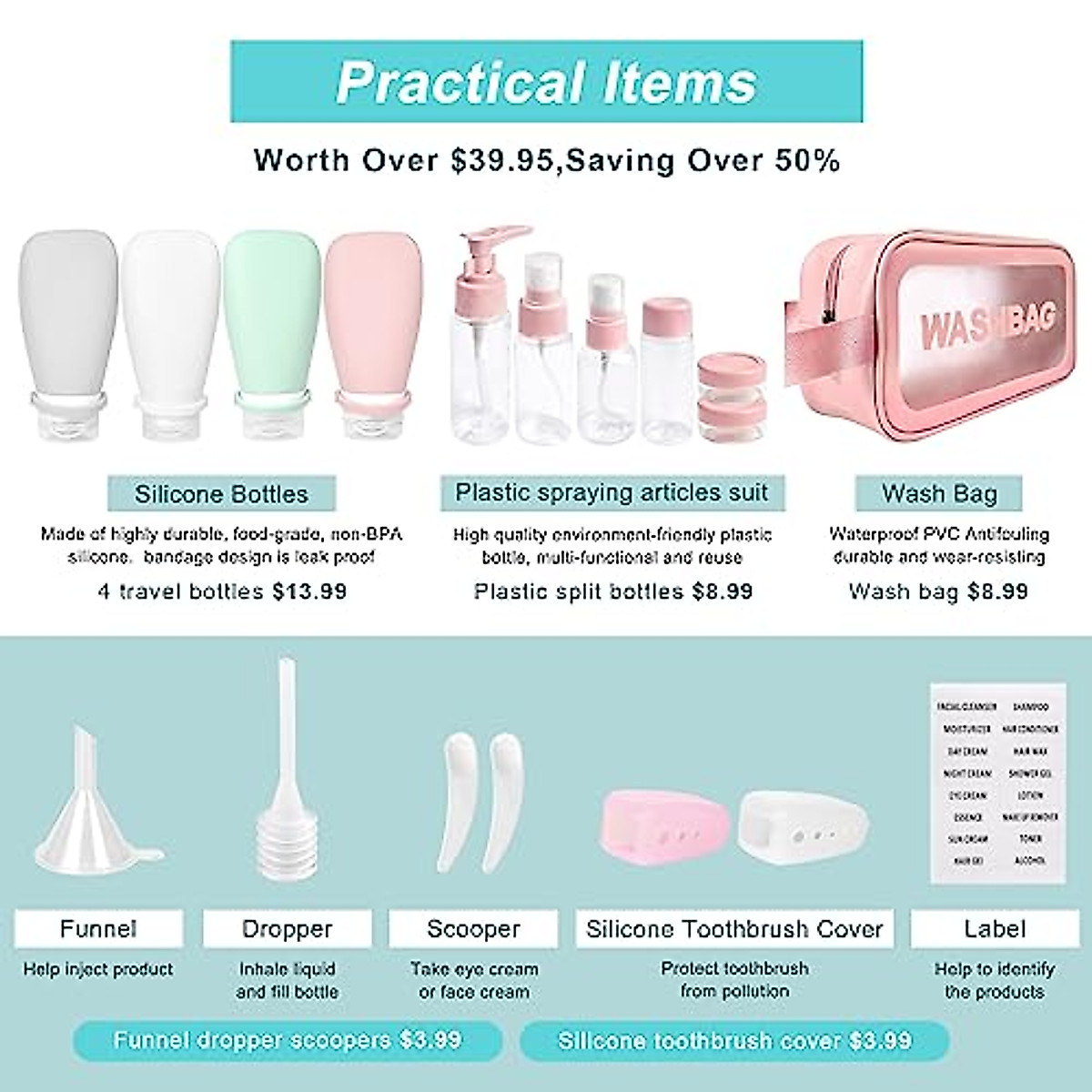 Noideeer 18 Pcs Travel Bottles for Toiletries Gym TSA Approved, Leak Proof with Bandage Silicone Squeezable 3oz for Toner Shampoo Conditioner Lotion Body Wash with Toothbrush Cover Tag and Wash Bag