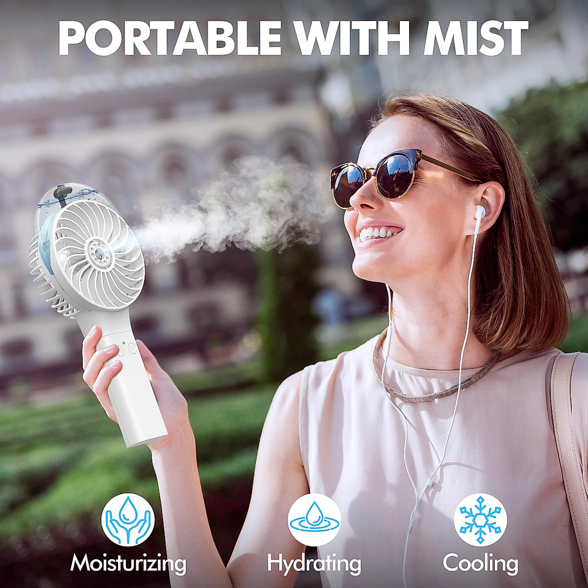 MORECORE Portable Misting Fan, 180° Foldable Handheld Personal Fan with Mist Spray, 3 Adjustable Wind Speeds, USB Rechargeable for Travel Outdoors Makeup Camping Home Office (White)