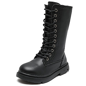 DADAWEN Boys Girls Leather Lace-Up Waterproof Side Zipper Mid Calf Combat Riding Winter Boots (Toddler/Little Kid/Big Kid) Black US Size 2 M Little Kid