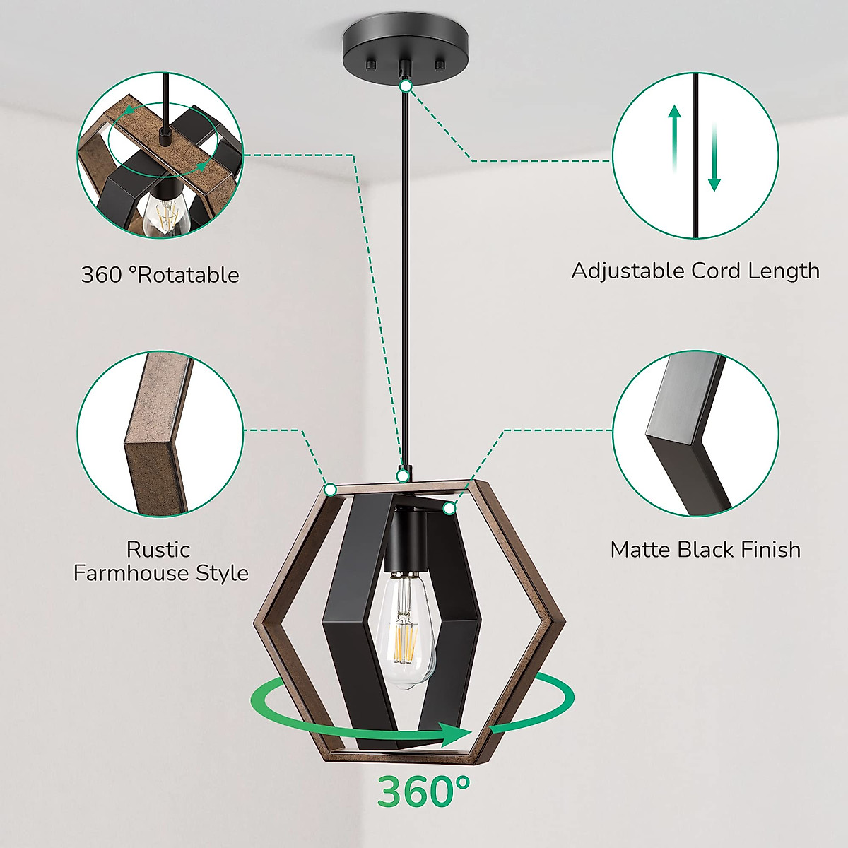 EDISHINE Pendant Lights for Kitchen Island, Farmhouse Hanging Light Fixture with Wood Grain and Black Finish, Adjustable Height Pendant Light for Kitchen Table, Hallway, Entry, cULus Listed