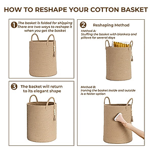 Goodpick Jute Woven Blanket Basket Decorative Storage Basket for Towels, Shoes, Toys, Tall Laundry Basket for Living Room, Bedroom, Round Wicker Basket 16 x 20 Inches, Black and Jute