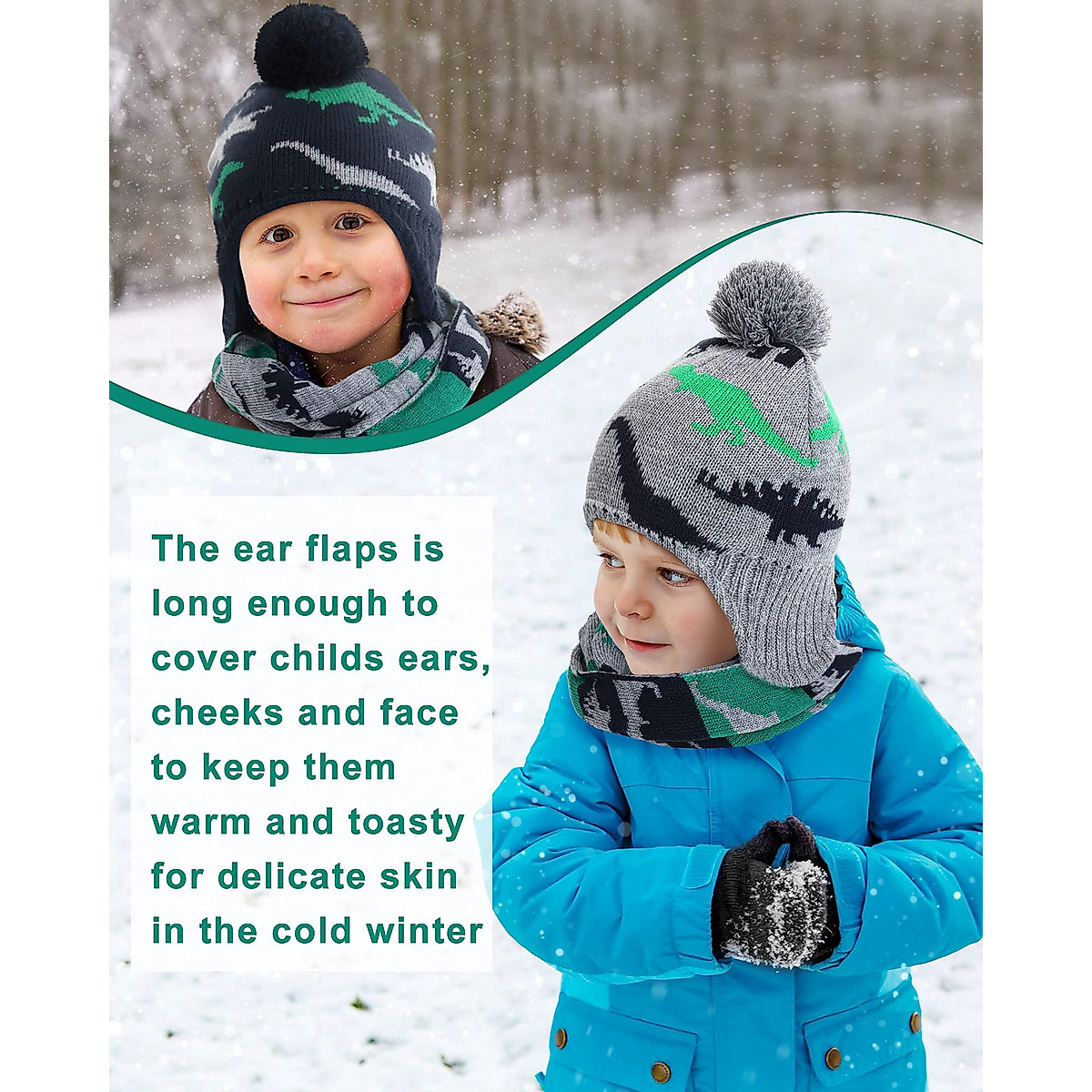 SATINIOR 6 Pieces Winter Boys Hat Dinosaur Warm Mittens Set Pompom Baby Knitted Hat Scarf Gloves Earflap Beanie (Stylish Color)
