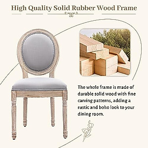 civama Dining Chairs Set of 4 French Vintage, Mid Century Upholstered Farmhouse Fabric Chair with Round Backrest and Solid Rubberwood Leg for Dining Room Bedroom Kitchen Restaurant, Light Grey