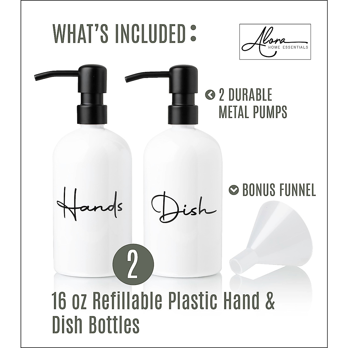 Alora Hand Soap Dispenser and Liquid Dish Soap Dispenser for Kitchen Sink - Set of 2 - Black Metal Pumps - Reusable Plastic Bottle with Easy to Read Lettering - Countertop Replacement Refill