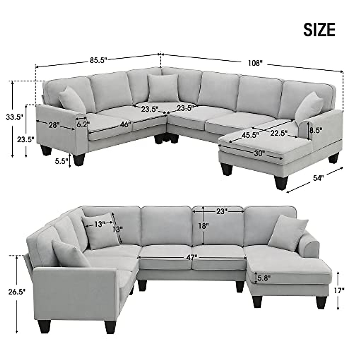FANYE Modern U-Shaped Upholstered Left Chaise Lounge Sectional, 7 Seaters Sofá Oversized Corner Sofa & Couch with 3 Pillows and Square Plastic Legs for House,Apartment, Office Living Room, Dark Gray