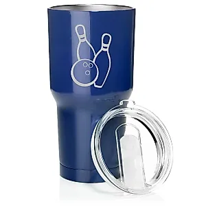 Smooth Body Tumbler Stainless Steel Vacuum Insulated Travel Mug Cup Gift Bowling Ball and Pins (30 oz, Blue)