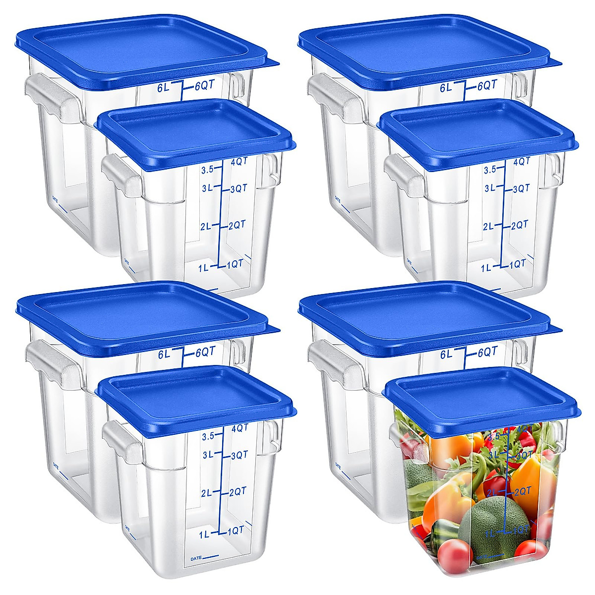 Suclain 8 Pcs Restaurant Food Storage Containers with Lids Set 4qt and 6qt Square Clear Commercial Containers with Scales Handles for Home Marinating Meat Proof Dough Kitchen Food Storage(Blue)