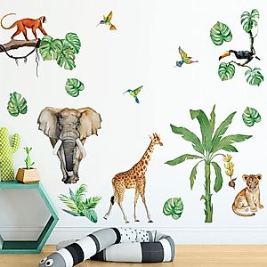 decalmile Jungle Elephant Animals Wall Sticker Safari Giraffe Tropical Plant Wall Decoration Living Room Baby Nursery Bedroom Children