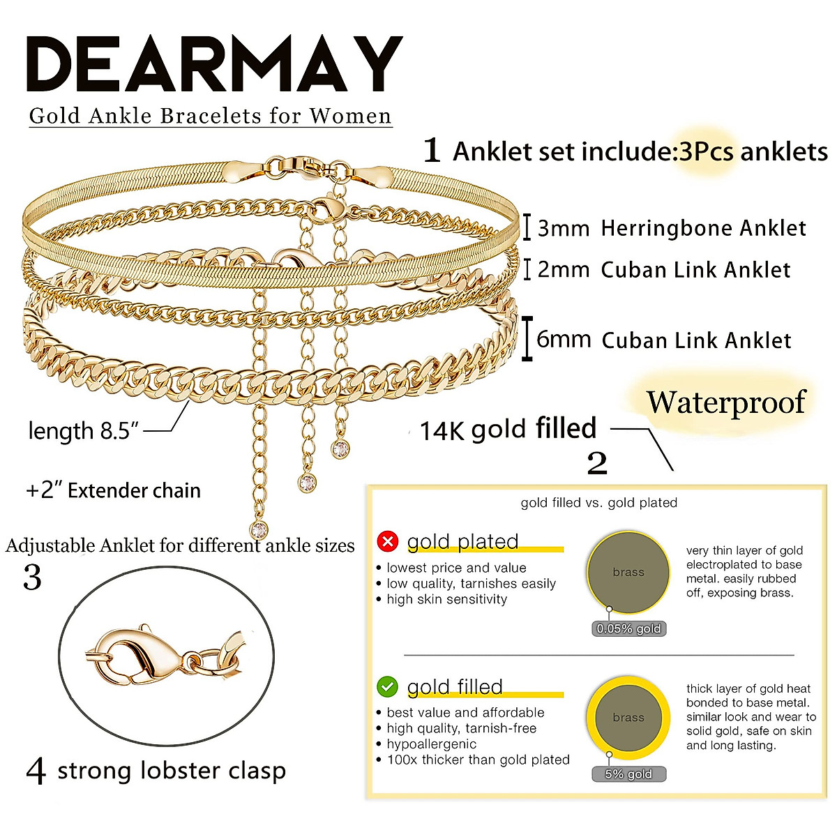 DEARMAY Gold Anklets for Women Waterproof Ankle Bracelets for Women 14K Gold Plated Cuban Link Anklet Bracelets for Women Layered Herringbone Cute Anklets Set Jewelry Gift for Women Teen