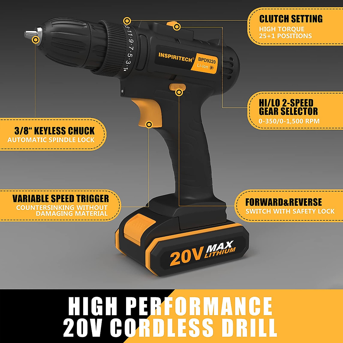 INSPIRITECH 20V Cordless Drill, Power Drill Set with 2 Batteries and Charger,3/8-Inch Chuck Electric Drill Kit with 24-Torque Setting, Drill Driver Bits and Tool Bag Included