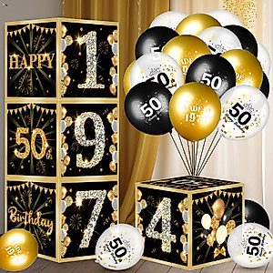 Dunzoom 34 Pcs 50th Birthday Decorations Boxes for Men Women, 4 Pcs 1974 Birthday Balloons Boxes 30 Pcs 50th Birthday Balloons Vintage Fifty Years Old Gold and Black Cardboard Box Party Decorations