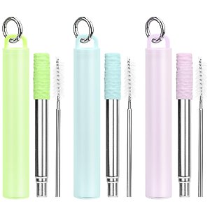FYY Reusable Straws with Case - 3 Pack Collapsible Stainless Steel Travel Straws with Cleaning Brush & Silicone Tips Portable Cruise Ship Essentials Telescopic Drinking Straws with Keychain Ring 3P1