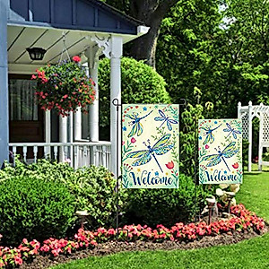 Spring Garden Flag with Welcome Quote , Burlap Double Sided Dragonfly Flower Yard Flags, Garden Flag Rustic Farmhouse Yard Outdoor Decoration (Dragonfly)