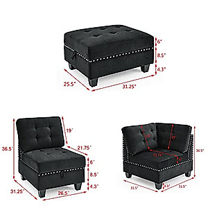Melpomene U Shape Sectional Sofa DIY Sofa Combination，Includes Two Single Chair ，Two Corner and Two Ottoman(Black, Velvet+Two Single Chair)