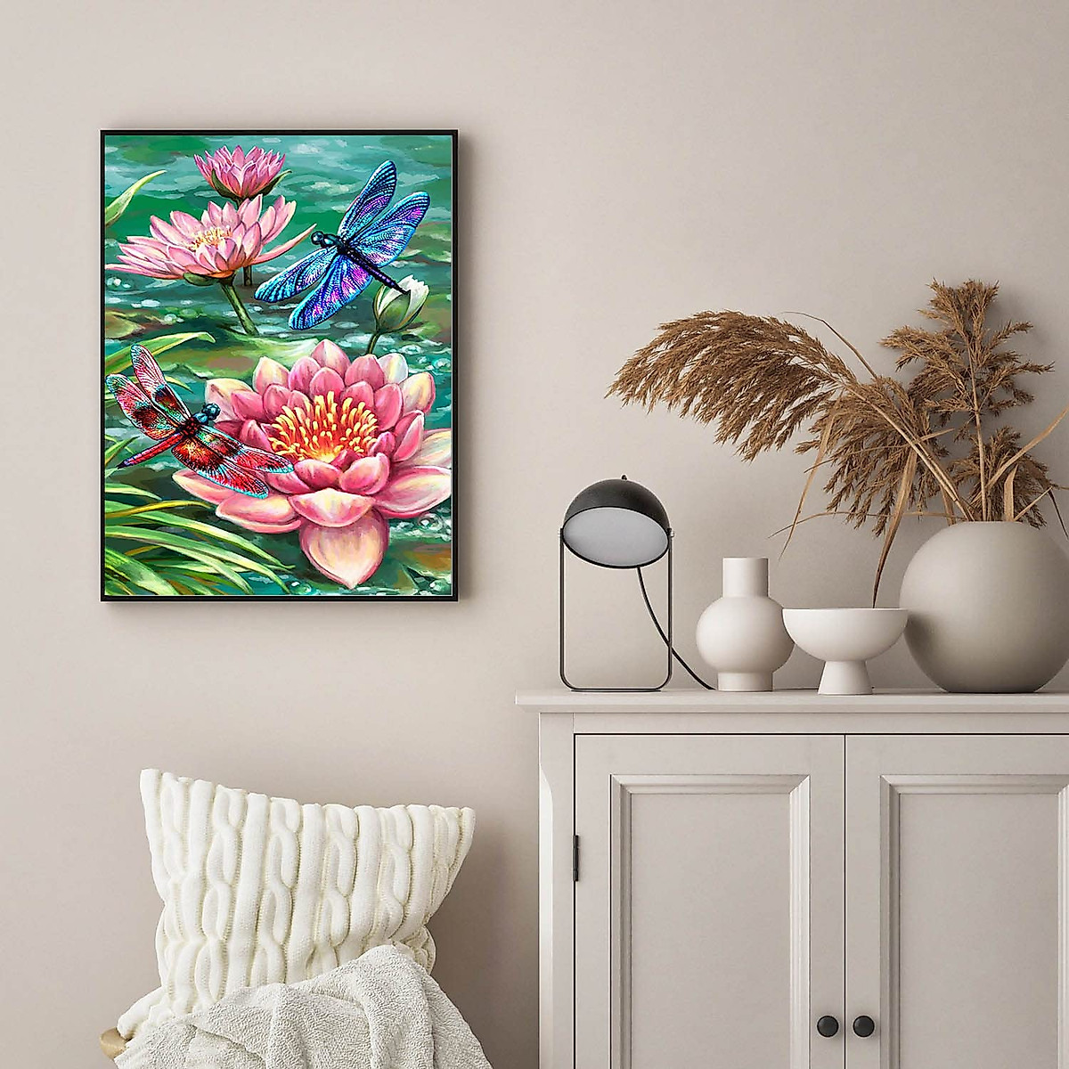 DAICHEL Lotus Diamond Art Painting Kits for Adults - Full Drill Diamond Dots Paintings for Beginners, Dragonfly Round 5D Paint with Diamonds Pictures Gem Art Painting Kits DIY Adult Crafts 12x16inch