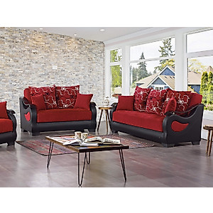 BEYAN Pittsburgh Collection Modern Convertible Storage Loveseat with Ample Storage Space, Includes 2 Pillows, Red/Black