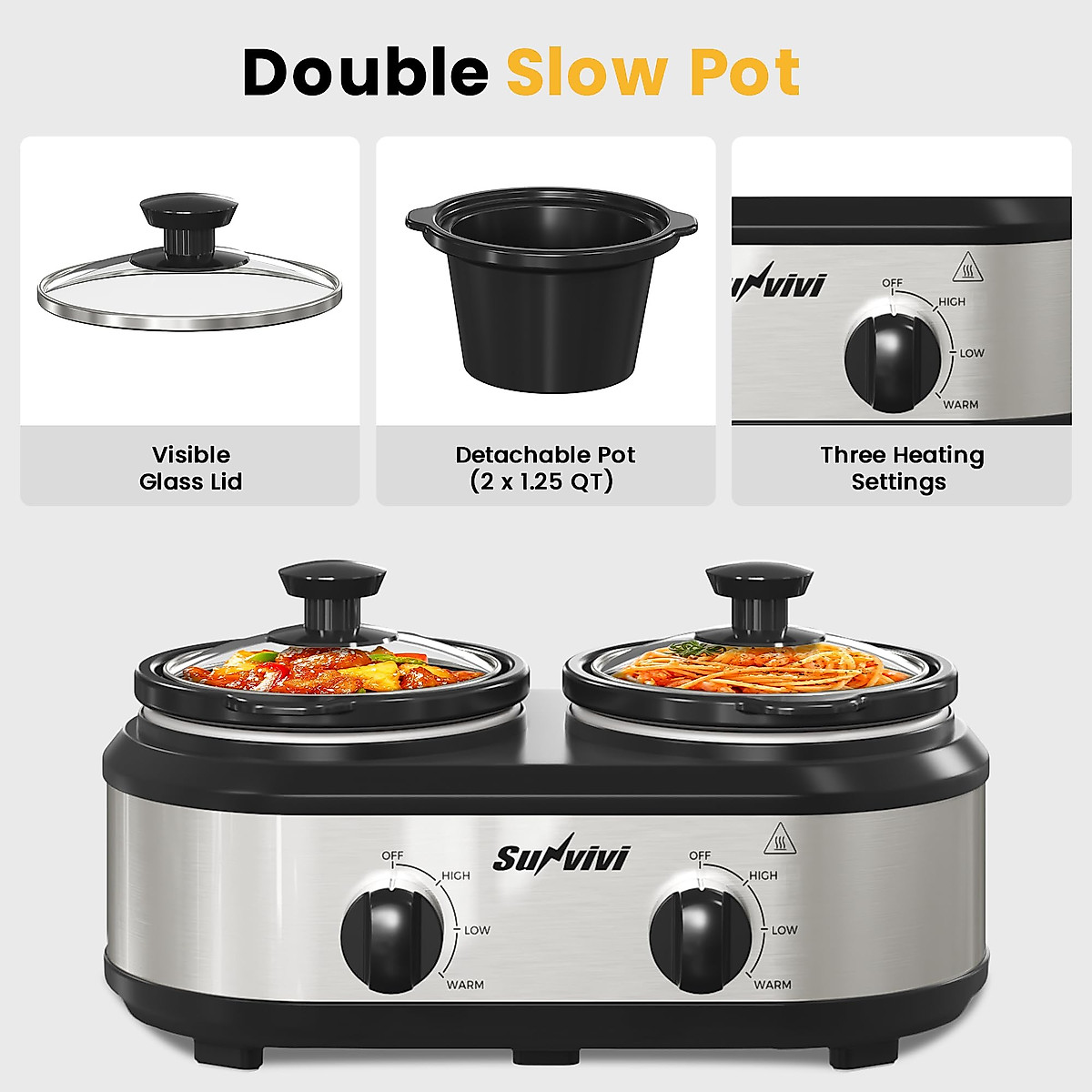 Sunvivi Dual Slow Cooker, Buffet Server and Food Warmer, Small Mini Pot with 3 Adjustable Temp & 2 Visible Glass Lids, for Parties, Holidays and Entertaining, Stainless Steel, Total 2.5 QT