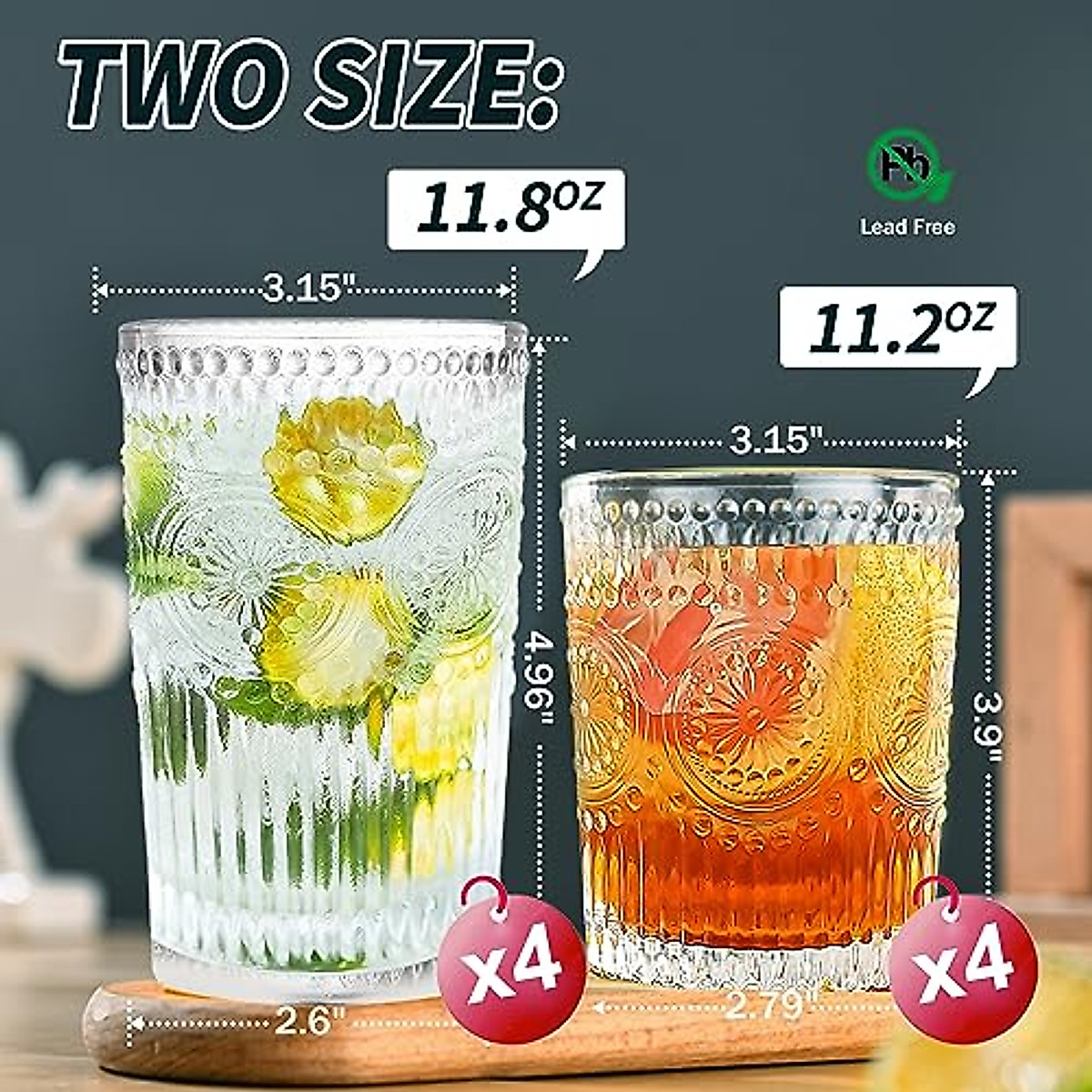 Vintage Drinking Glasses, Romantic Drinking Glasses Set of 8, 4 Highball Glasses 13 oz and 4 Rocks Glasses 9 oz, Textured Striped Drinking Glasses, Vintage Glassware Set for Juice, Beverages, Cocktail