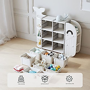 CHORBEYCH Kids 3 Layer Toy Storage Organizer with Display Bookshelves and 6 Pull-Out Storage Bins,Multipurpose Toy for Kids Bedrooms Playrooms for Age 1-12, Cute Whale(White Grey (3 * 3)
