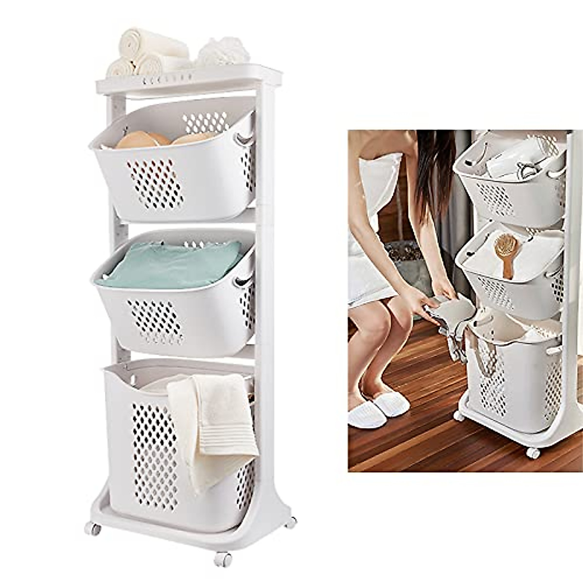 3 Tier Laundry Basket Clothes Storage Basket Rolling Washing Hamper with Wheel Dirty Clothes Basket Multi-layer Clothes Storage Basket Sorter for Kitchen Bedroom Bathroom