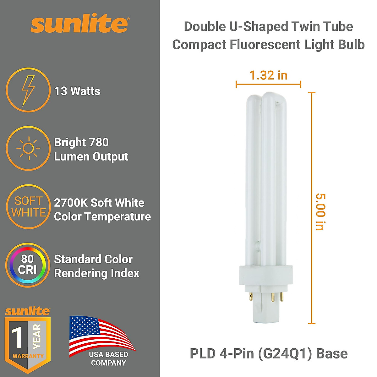 Sunlite PLD13/E/SP41K Compact Fluorescent PLD 4-Pin Double U-Shaped Twin Tube, 13 Watts, 120 Volts, 780 Lumens, 4100K Cool White, 4-Pin G24q1 Base, 10 Pack