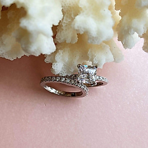 Sterling Silver 1.25 Ct (6x6mm) Princess-Cut Wedding Ring Set Square Accented Solitaire Engagement Ring (Silver, 6)