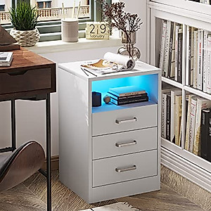 ADORNEVE LED Nightstand with Wireless Charging Stations,Night Stand for Bedroom,Bedside Table with Drawers,Modern End Side Table,White