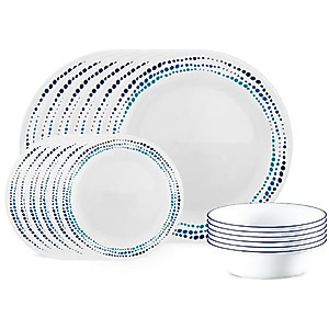 Corelle Vitrelle 18-Piece Service for 6 Dinnerware Set, Triple Layer Glass and Chip Resistant, Lightweight Round Plates and Bowls Set, Ocean Blue